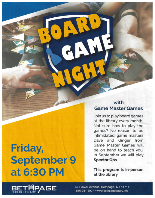 Board Game Night at the Bethpage Library! - Game Master Dave's Dispatch
